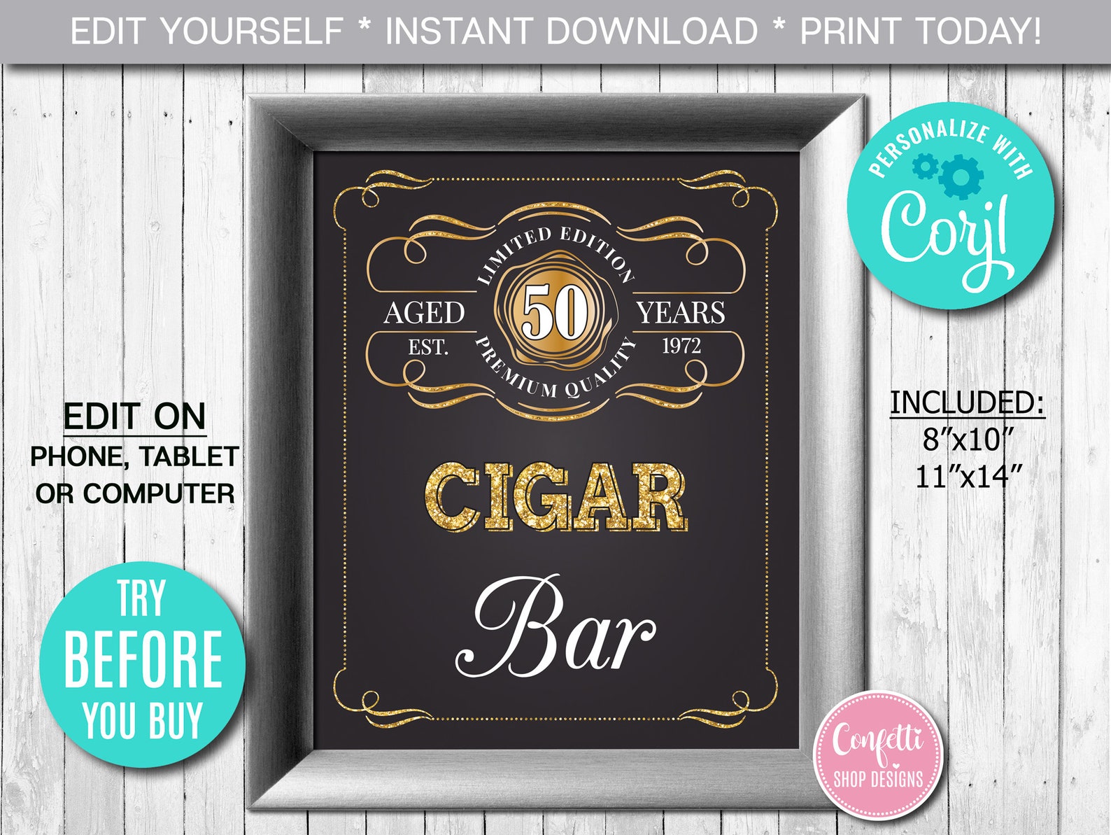 Editable Cigar Bar Sign ANY AGE to Perfection Birthday Party Sign Gold ...