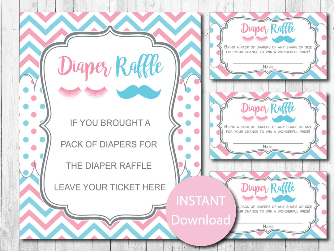 Diaper Raffle Tickets and Sign, Gender Reveal, Staches or Lashes, Boy ...