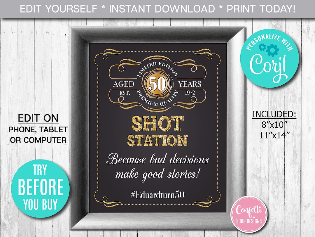 Editable Shot Station Sign Age to Perfection Birthday Party Sign ANY ...