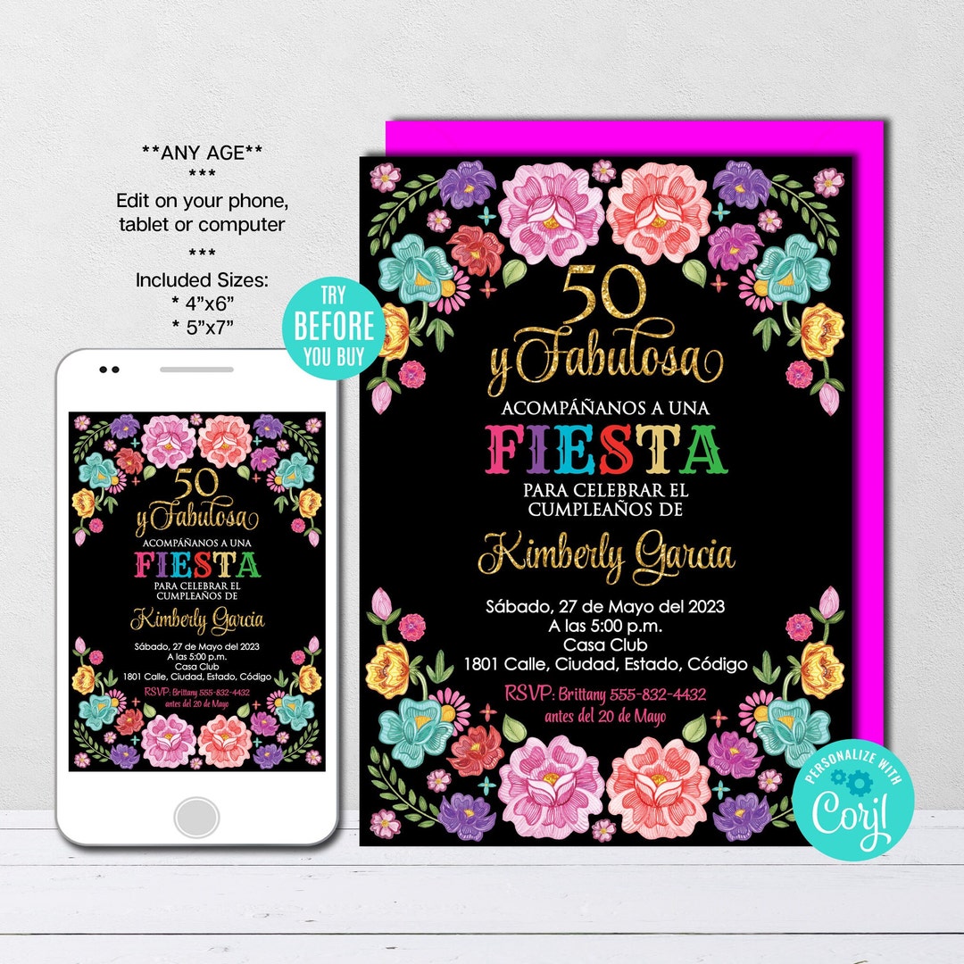 Editable Mexican Birthday Invitation Spanish Fifty Birthday Fifty ...