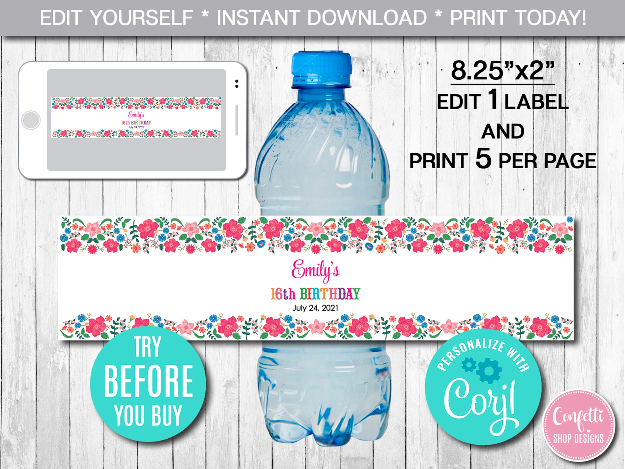 Editable Mexican Water Bottle Labels, Fiesta Mexican Party, Mexican ...