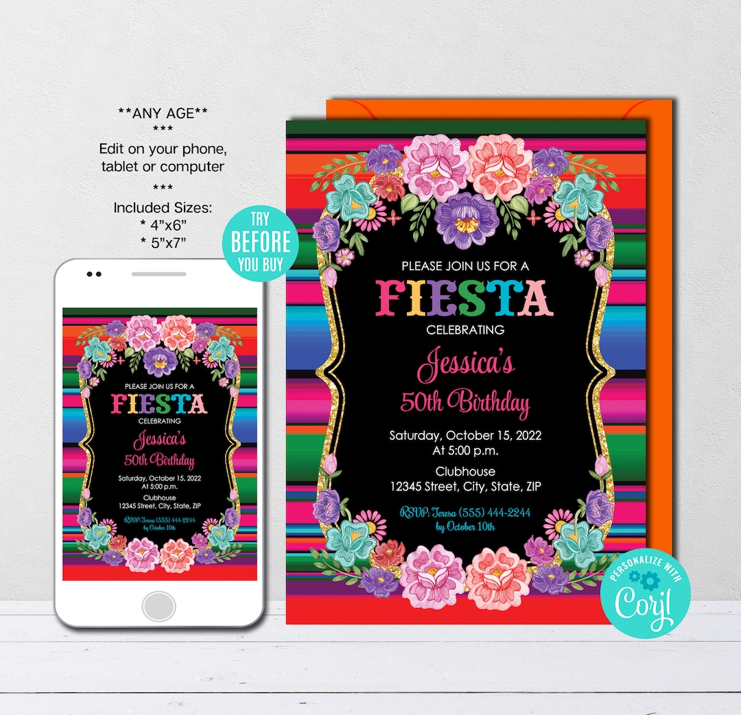 Editable Mexican Birthday Invitation, Mexican Flowers Invitation ...