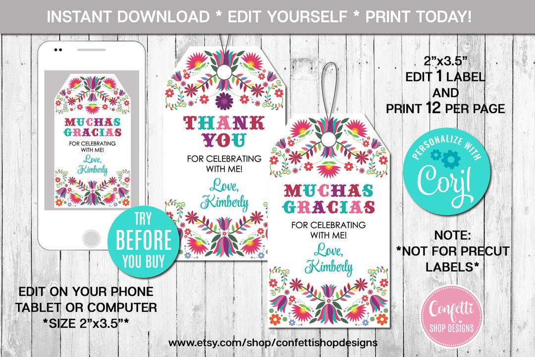 Editable Mexican Favor Tags, Bridal Shower Tags, Birthday Thank You ...
