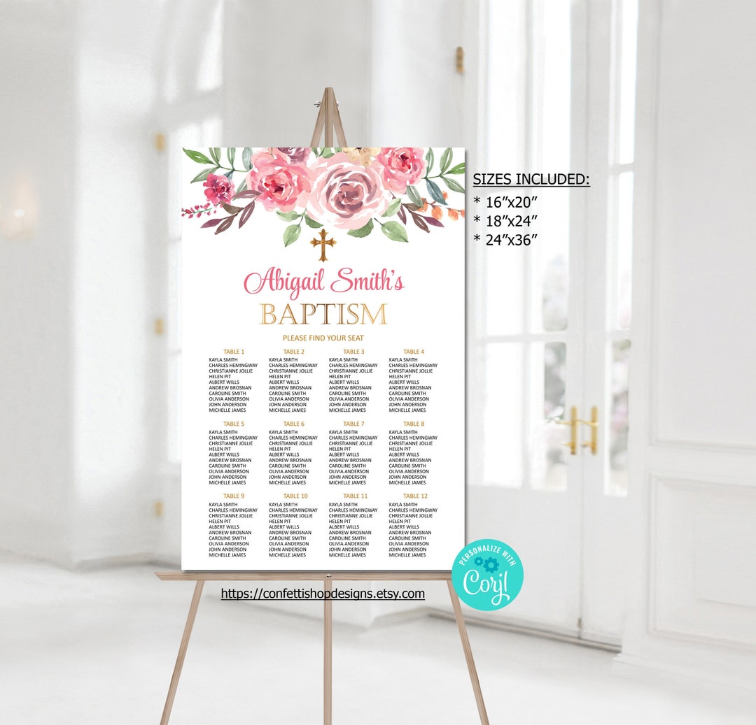 Baptism Seating Chart Template Editable Floral Christening Seating ...