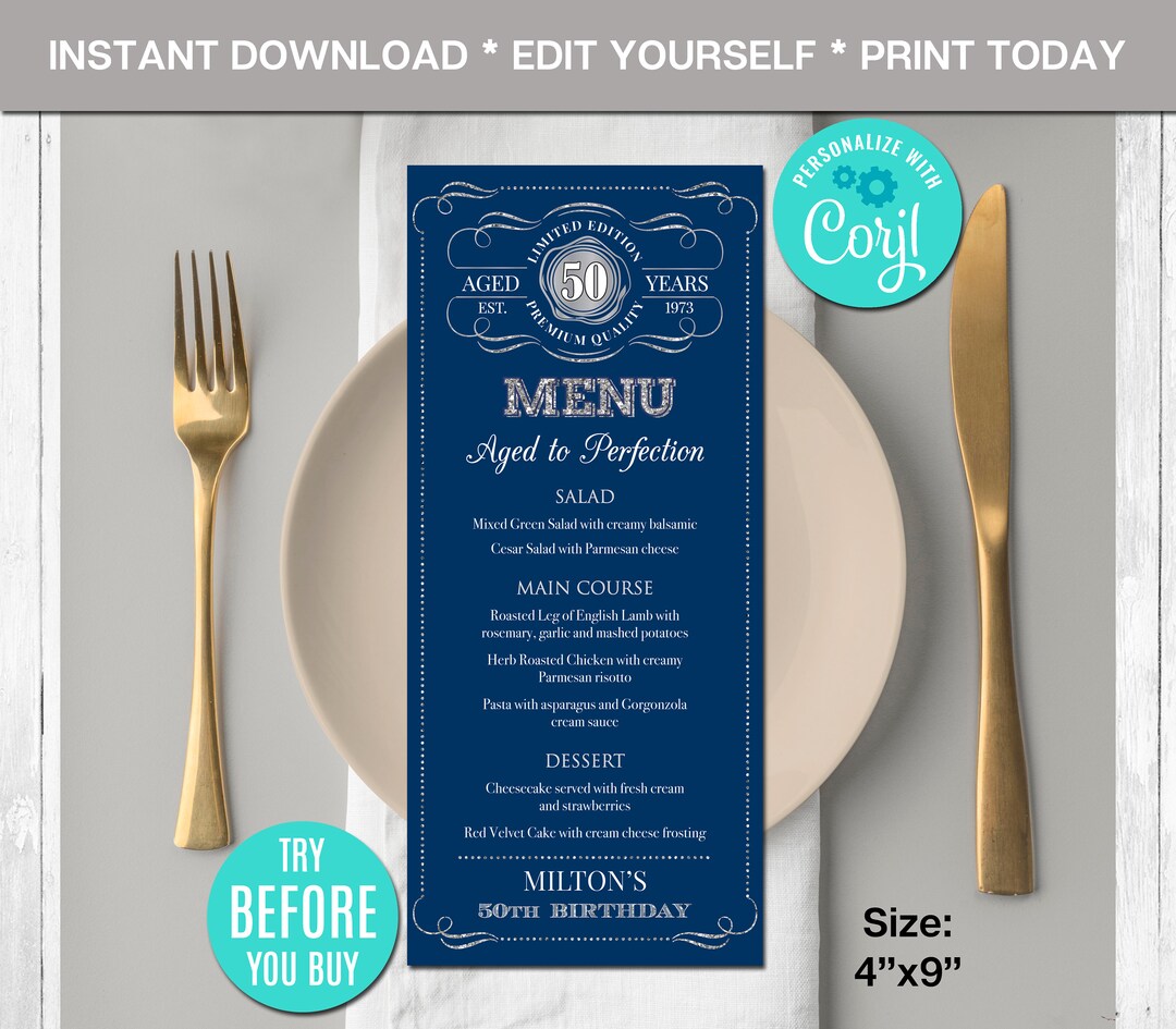Editable Birthday Menu, Aged to Perfection, Any Age, Menu Card, Navy ...