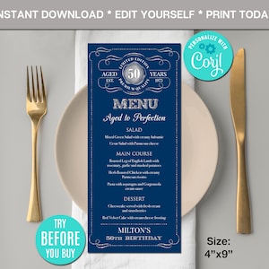 Editable Birthday Menu, Aged to Perfection, Any Age, Menu Card, Navy ...
