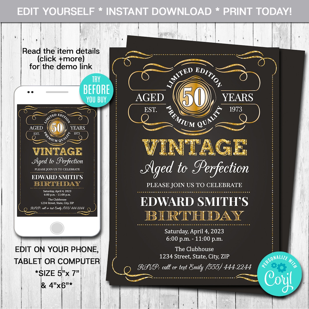 Vintage Aged to Perfection Birthday Invitation: Gold Whiskey Label ...