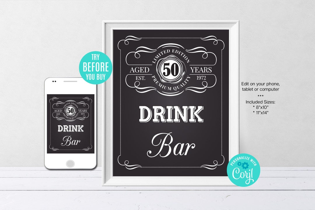 Editable Drink Bar Sign ANY AGE to Perfection Birthday Party Sign ...