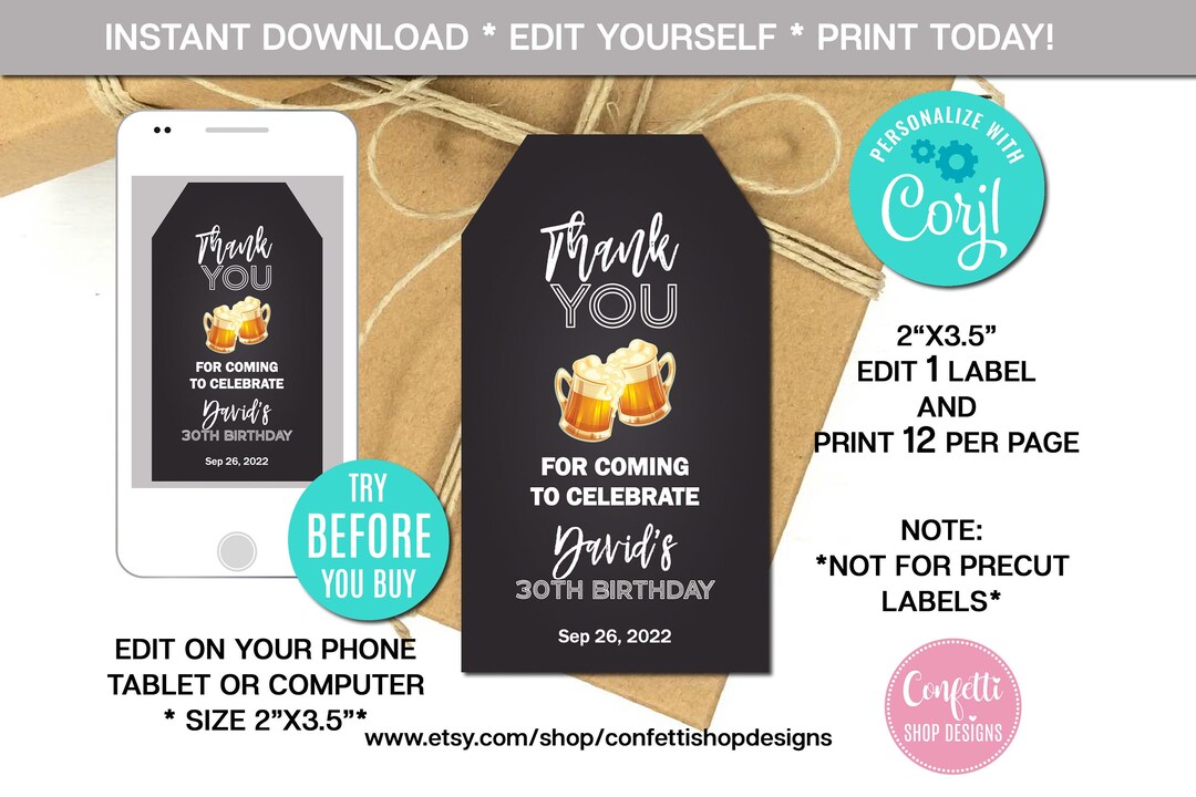 EDITABLE Birthday Favor Tag, Cheers and Beers Theme Party Favor Labels ...