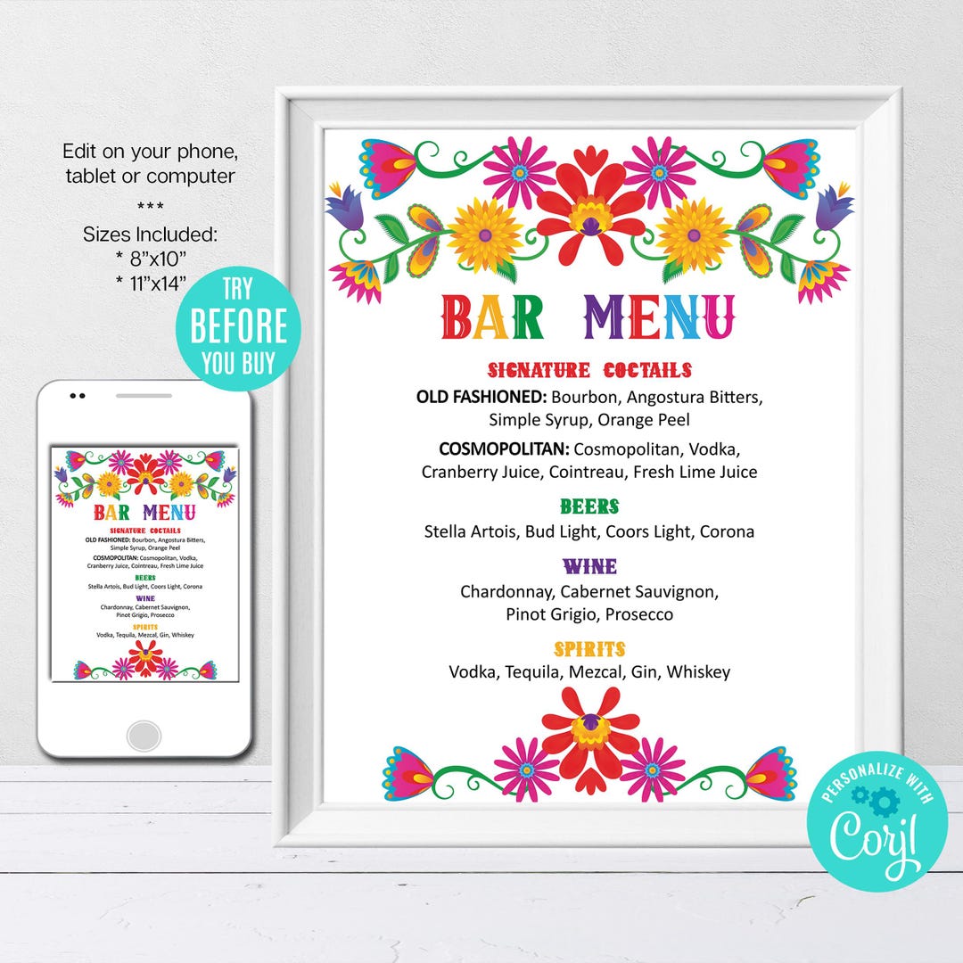 Editable Bar Menu Sign, Fiesta Party Menu Template, Mexican Party ...