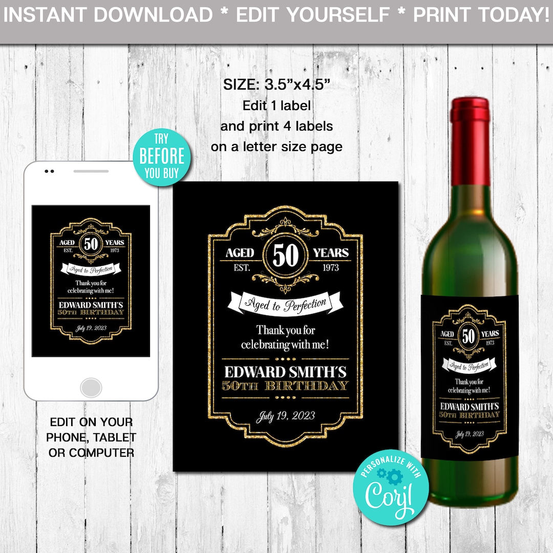 EDITABLE Wine Bottle Label, Aged to Perfection, Any Age, Gold, Whiskey ...