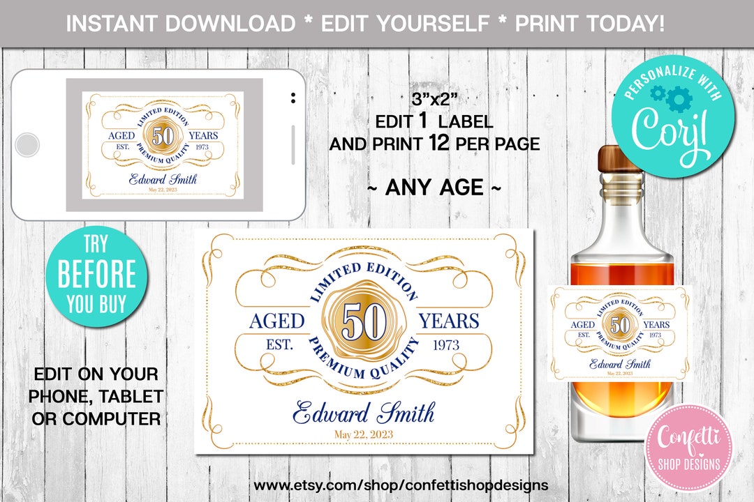 EDITABLE Mini Liquor Bottle Label, Aged to Perfection, Any Age, Royal ...