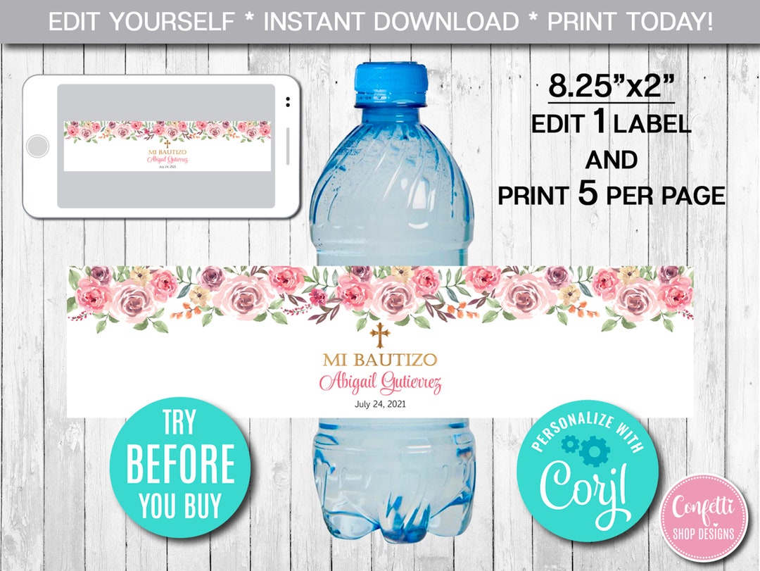 Editable Baptism Water Bottle Labels, Girl, Christening, Pink and Gold ...