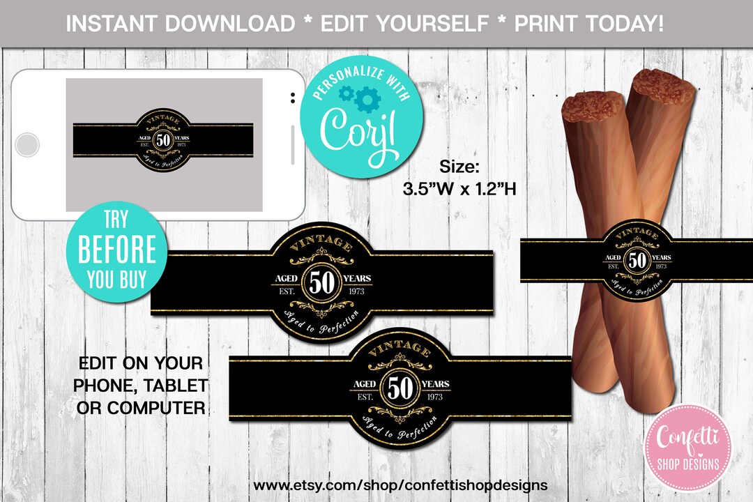 EDITABLE Cigar Labels 50th Birthday Cigar Band Aged to - Etsy