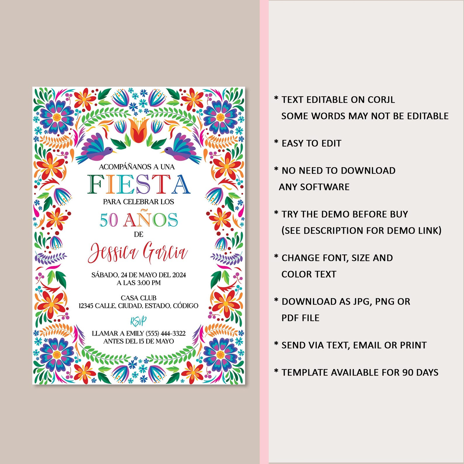 Editable Mexican Fiesta Birthday Invitation: Colorful Floral Birds ...