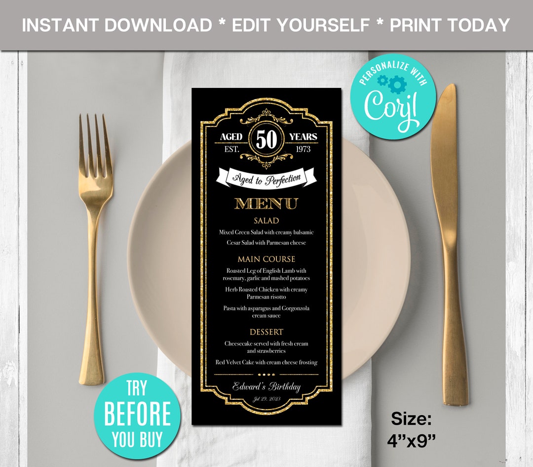 Editable Birthday Menu, Aged to Perfection, Any Age, Menu Card, Gold ...