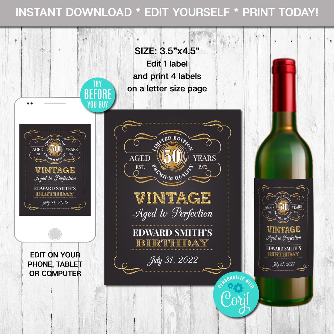 EDITABLE Wine Bottle Label, Aged to Perfection, Any Age, Gold, Whiskey ...
