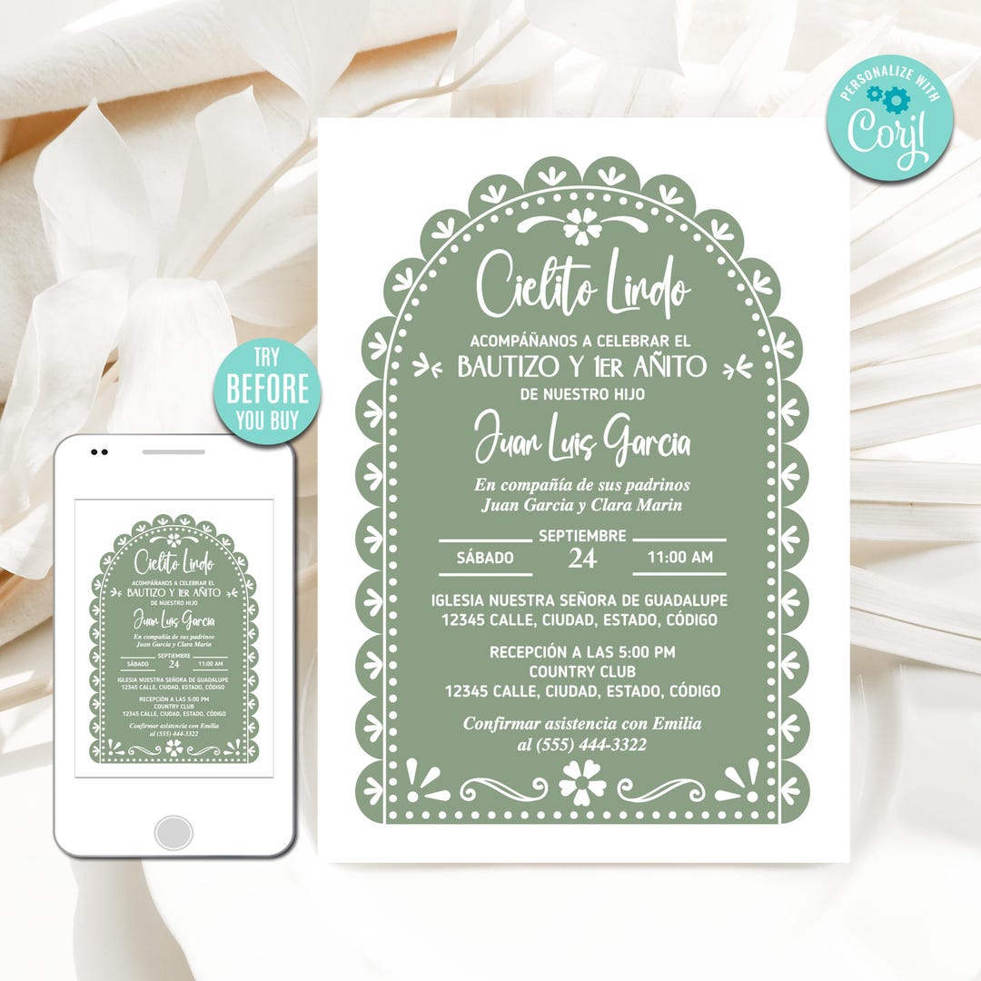 Cielito Lindo Baptism and 1st Birthday Invitation, Spanish Editable ...