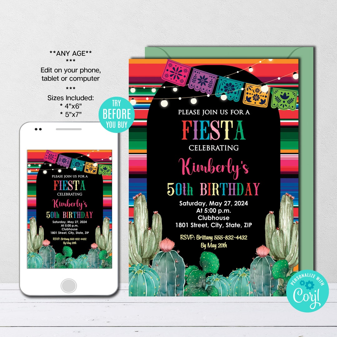 Editable Mexican Fiesta Party Invitation, Cactus Birthday Invite ...