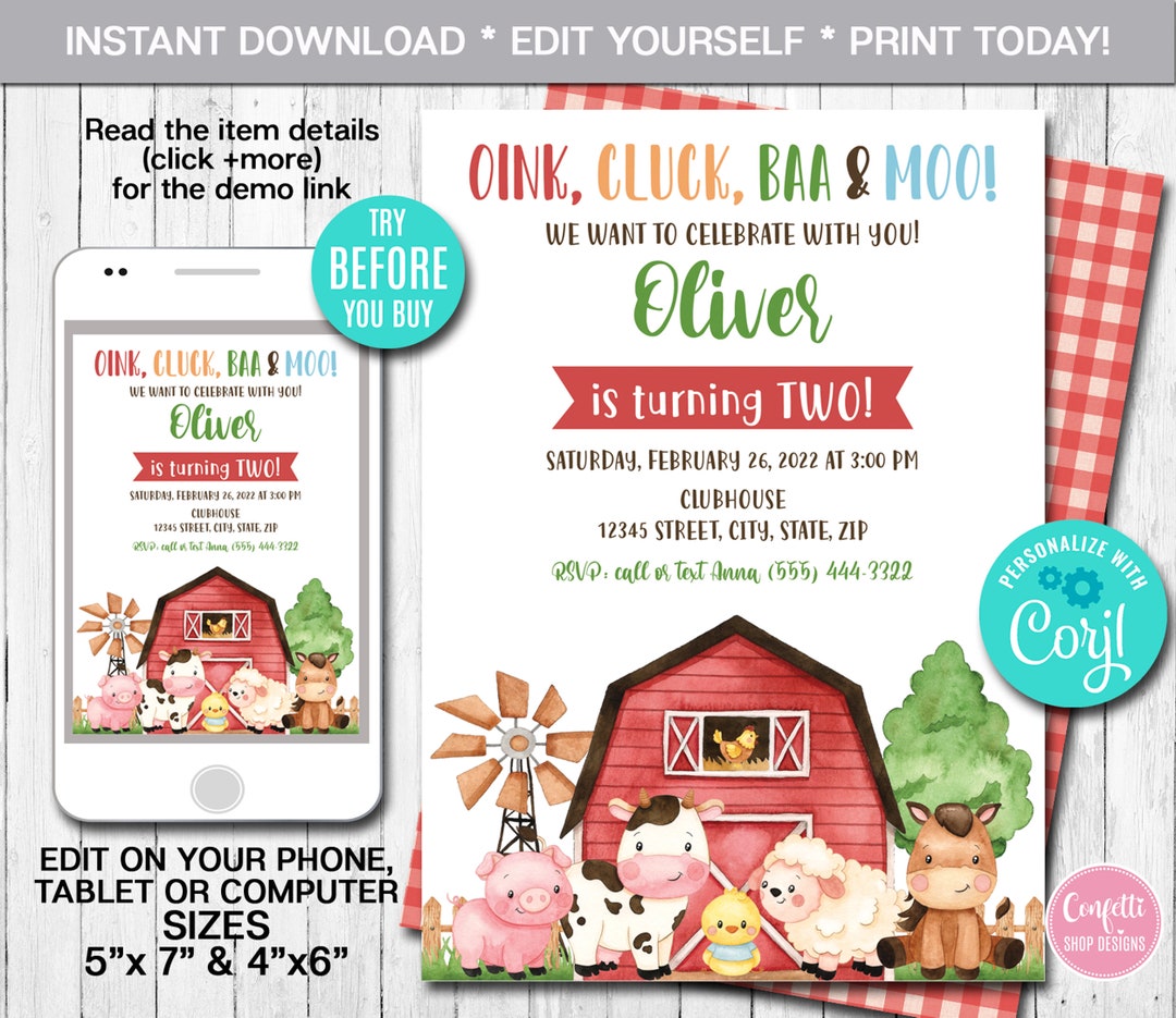 EDITABLE Farm Birthday Invitation, Farm Animals Birthday Invitation ...