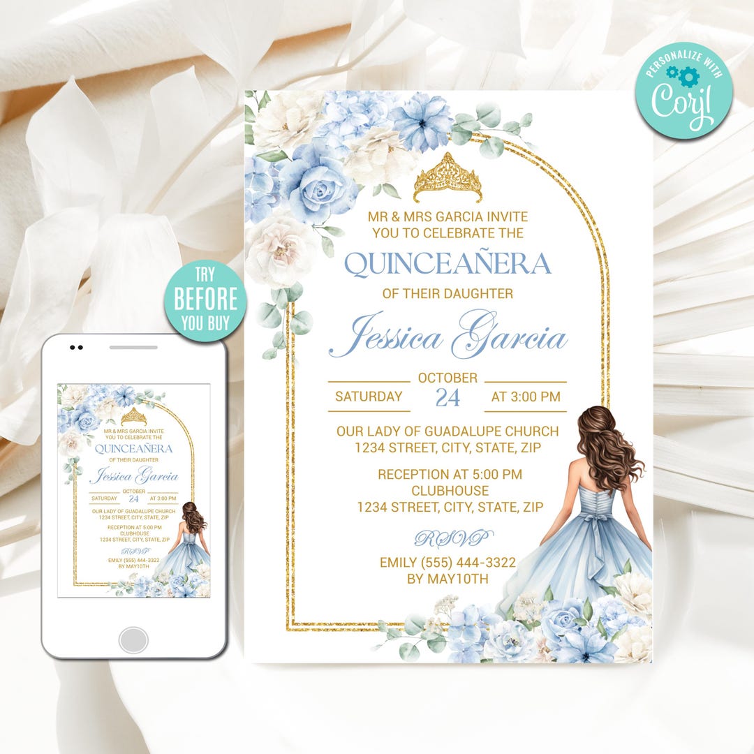 Editable Dusty Blue Quinceanera Birthday Invitation Template, Floral ...