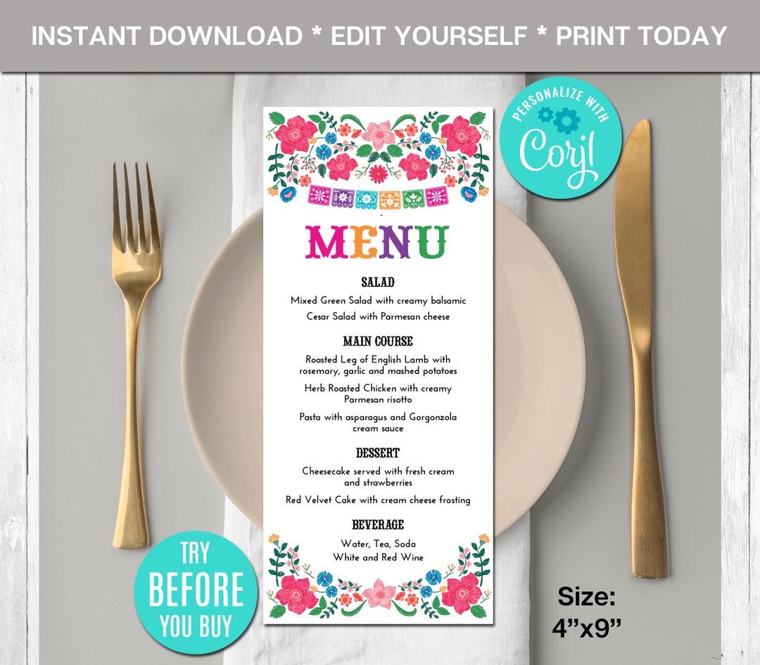 Editable Mexican Menu, Mexican Birthday, Mexican Flowers, Menu Card ...