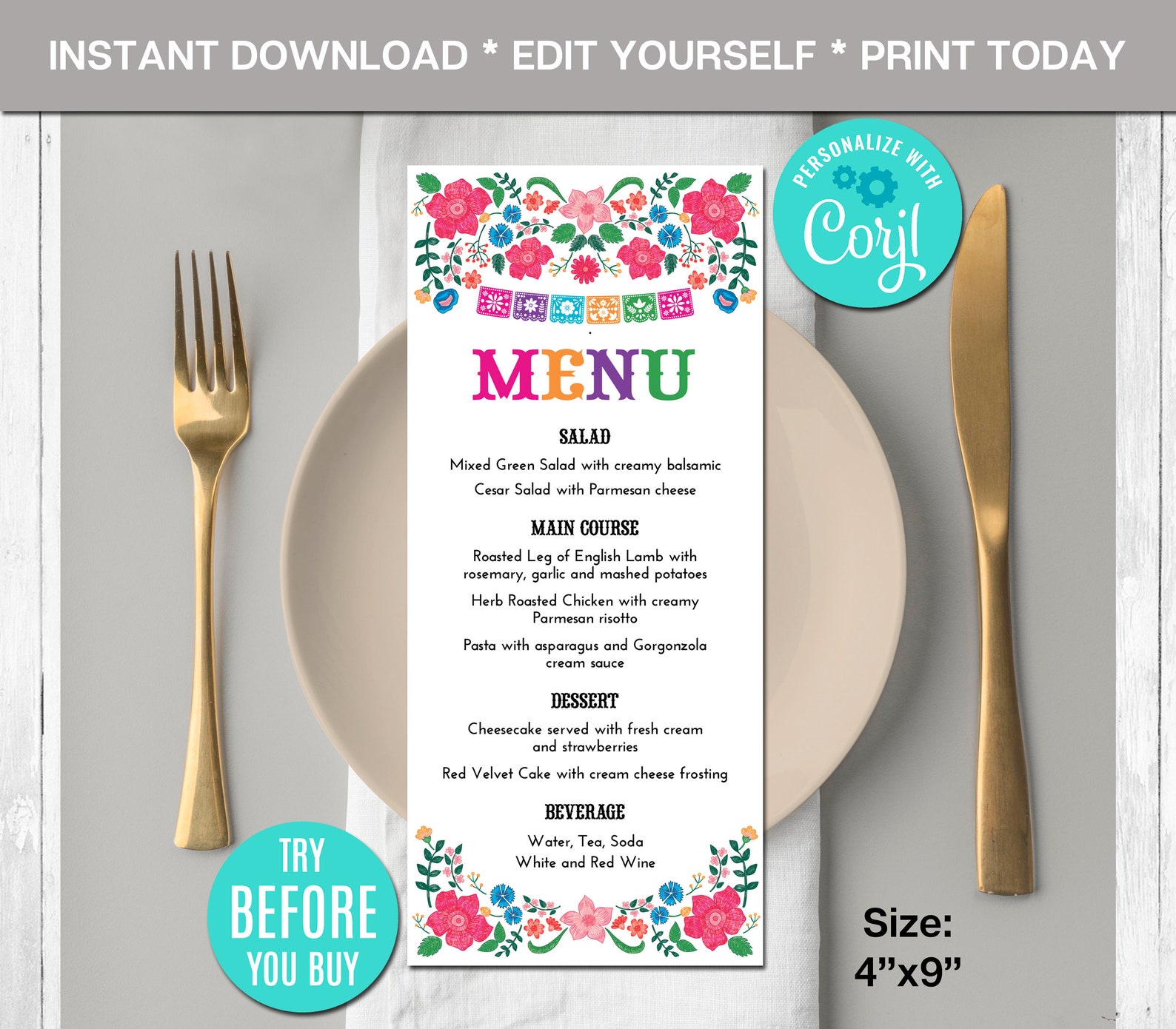 Editable Mexican Menu, Mexican Birthday, Mexican Flowers, Menu Card ...
