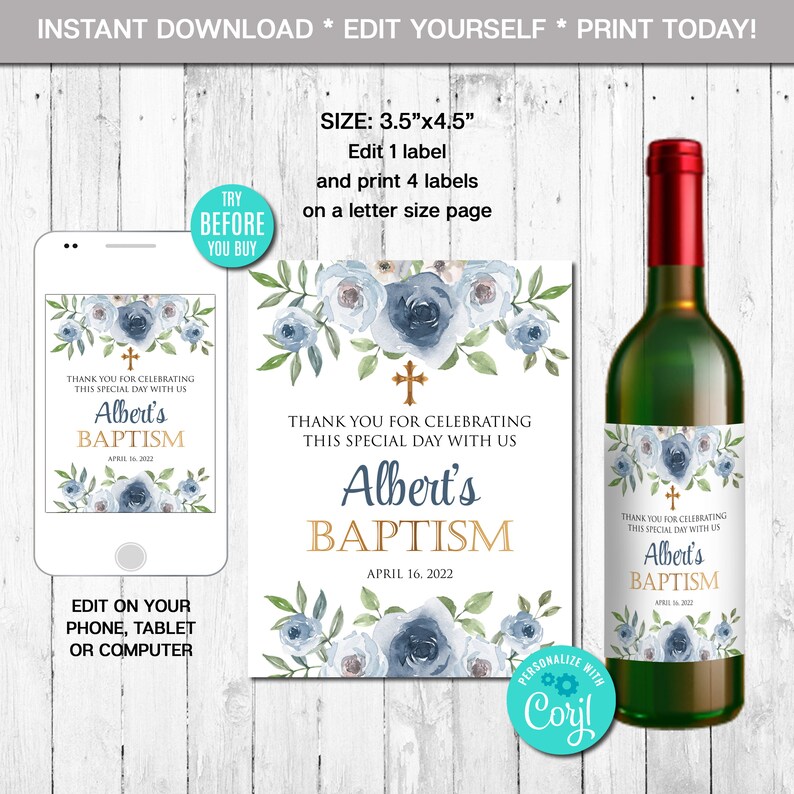 EDITABLE Baptism Wine Label, Christening Wine Labels, Printable Wine ...