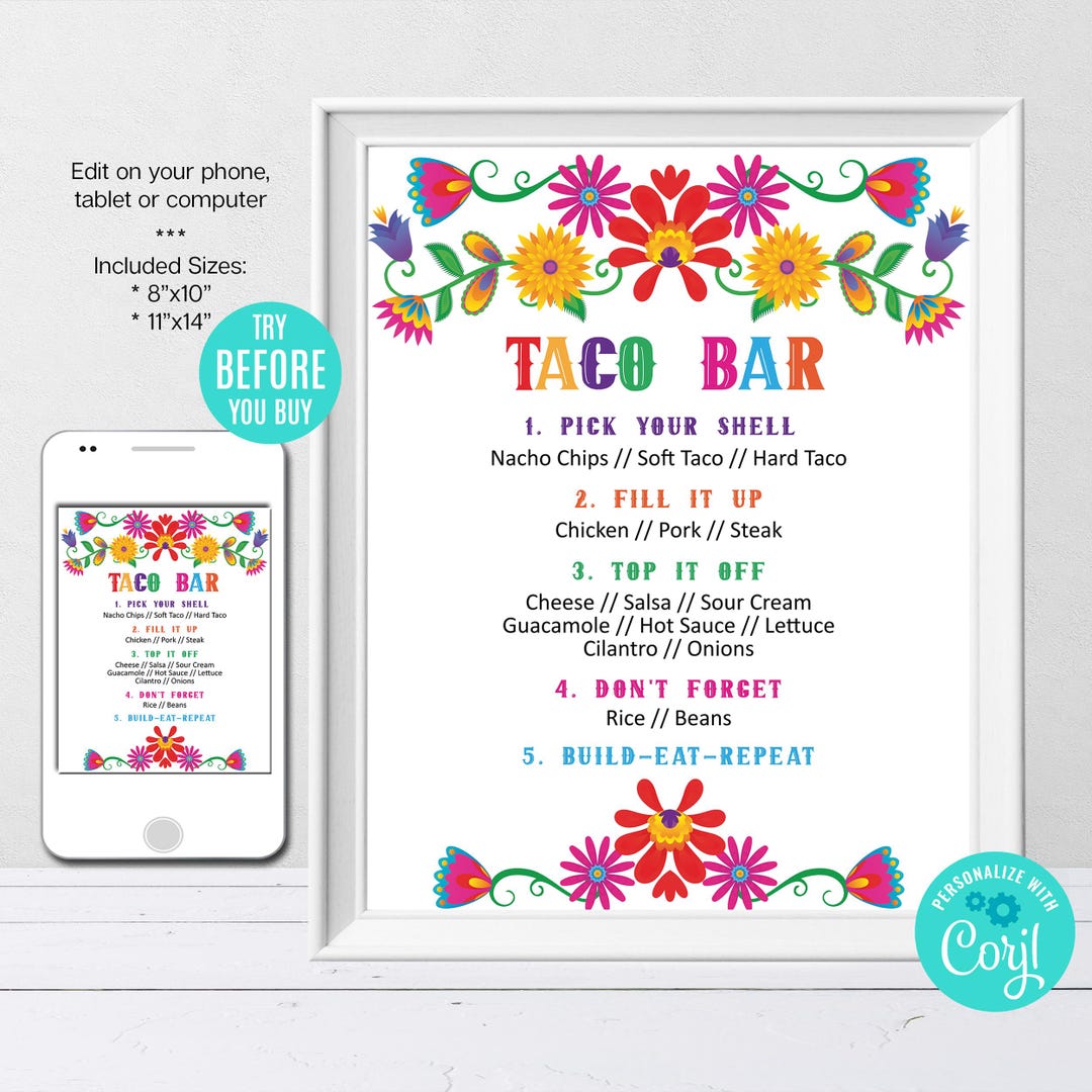 Editable Taco Bar Menu Sign, Fiesta Party Menu, Mexican Party, Mexican ...