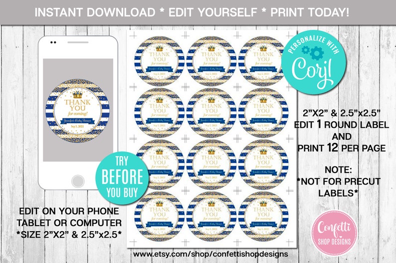 Editable Prince Favor Tag, Prince Baby Shower Favor Tag, Boy, Navy Blue ...