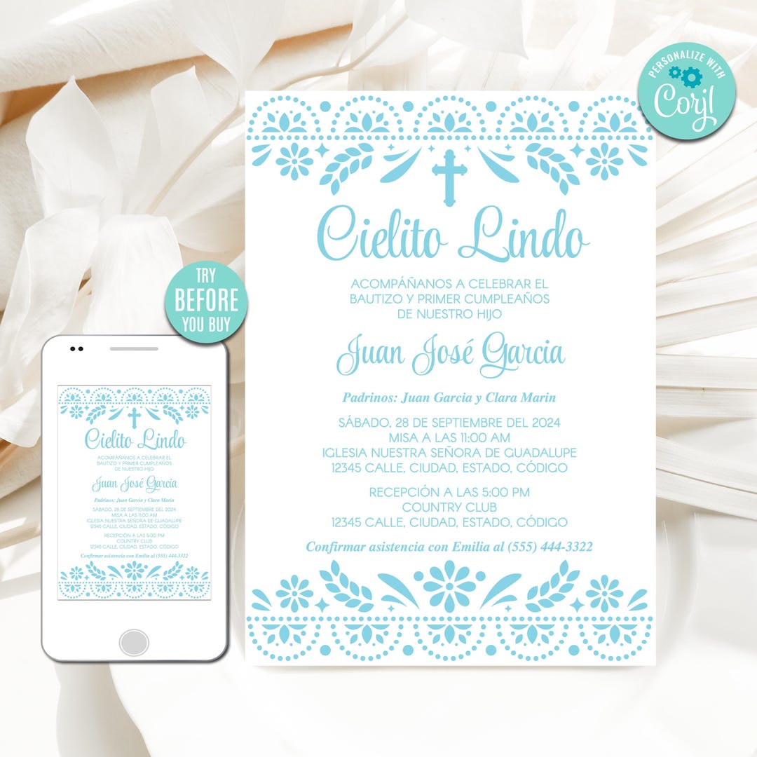 Cielito Lindo Blue Baptism Invitation, Boy, Editable Template, Blue ...