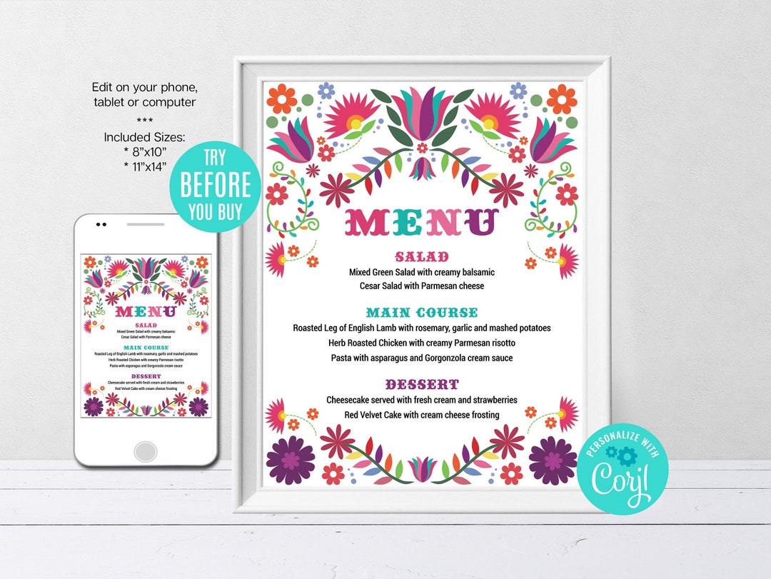 Editable Mexican Menu Sign, Fiesta Party Menu, Mexican Party, Mexican ...