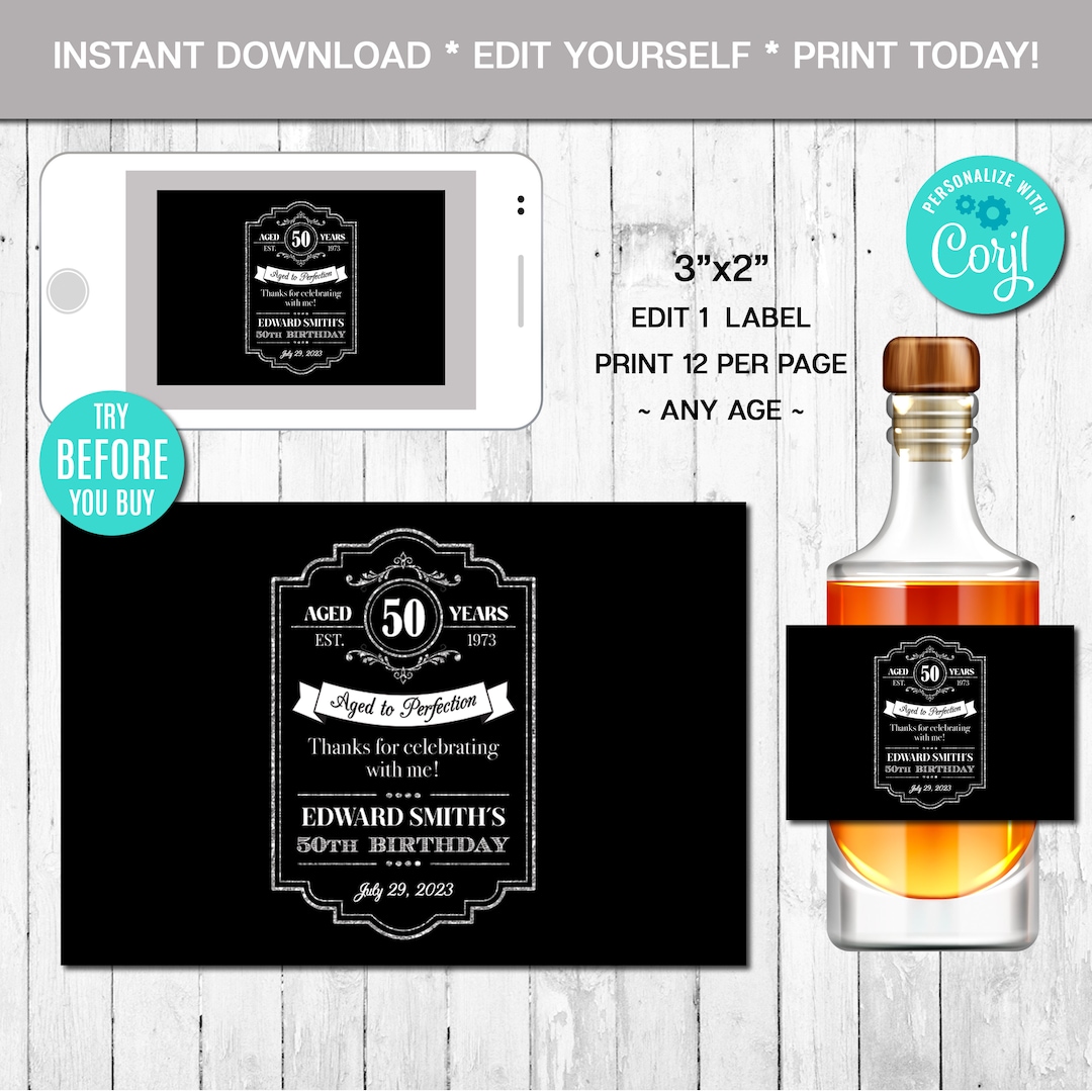 EDITABLE Mini Liquor Bottle Label, Aged to Perfection, Vintage, Any Age ...