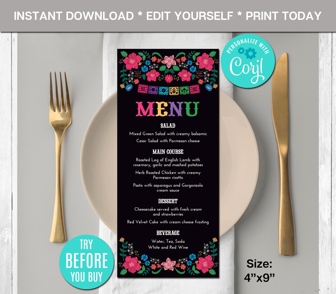 Editable Mexican Menu, Mexican Birthday, Mexican Flowers, Menu Card ...