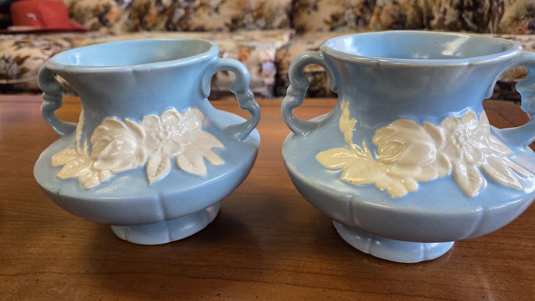 Pair of MCM Weller Pottery Cameo Flower Light Blue and White Short and ...