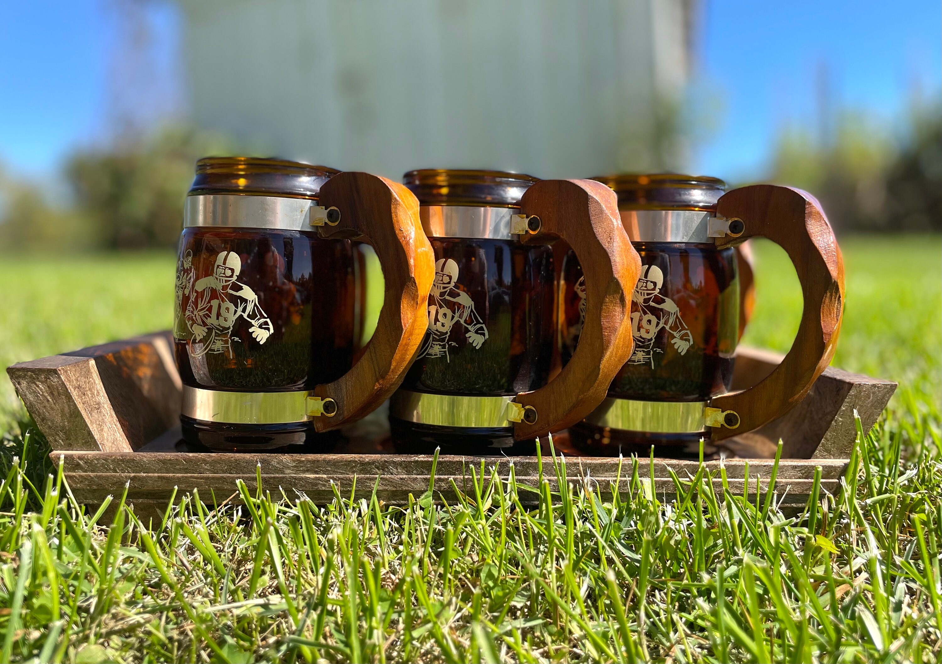 Vintage Siesta-ware Amber Glass Football Mug Set With Wooden Handles ...
