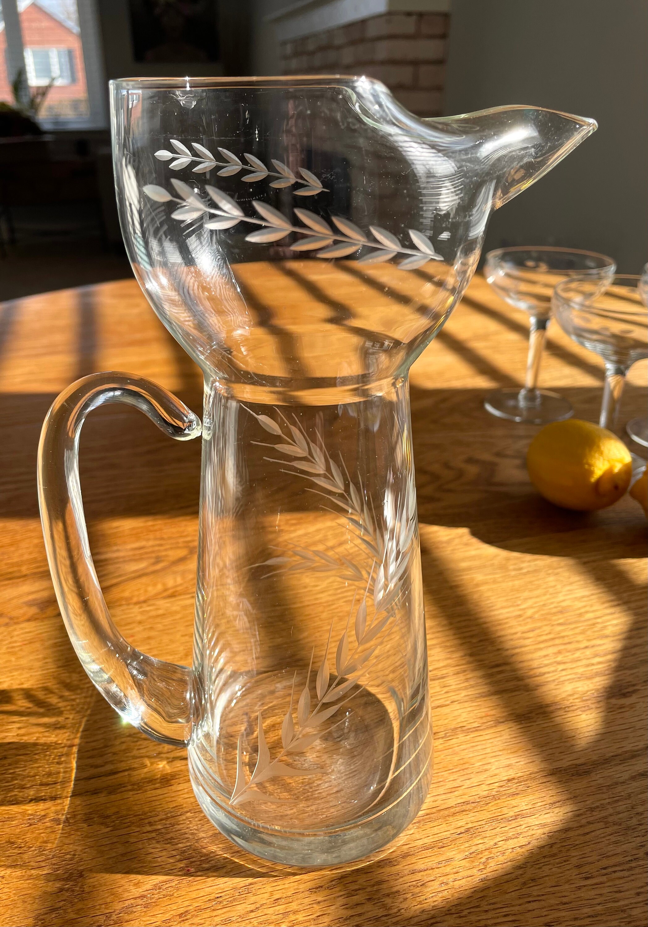 Vintage Blown Etched Glass Water Pitcher Wheat Pattern - Etsy