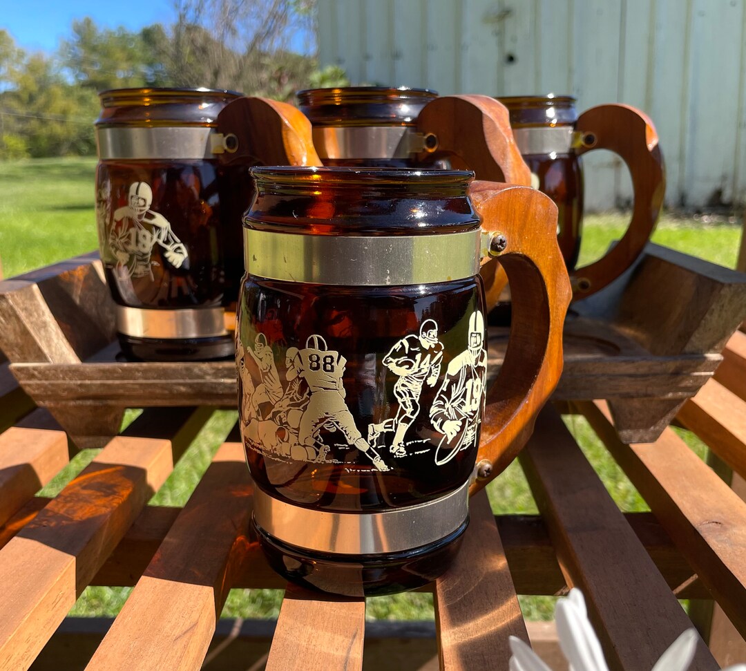 Vintage Siesta-ware Amber Glass Football Mug Set With Wooden Handles ...