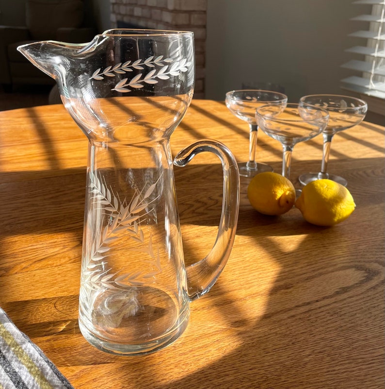 Vintage Blown Etched Glass Water Pitcher Wheat Pattern - Etsy