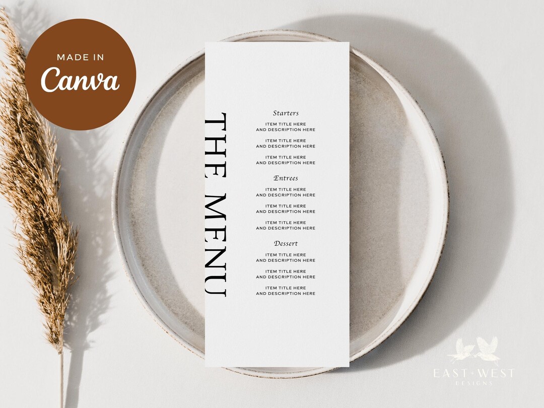 Modern Minimal Wedding Menu Template, Printable Menu Card for Wedding ...