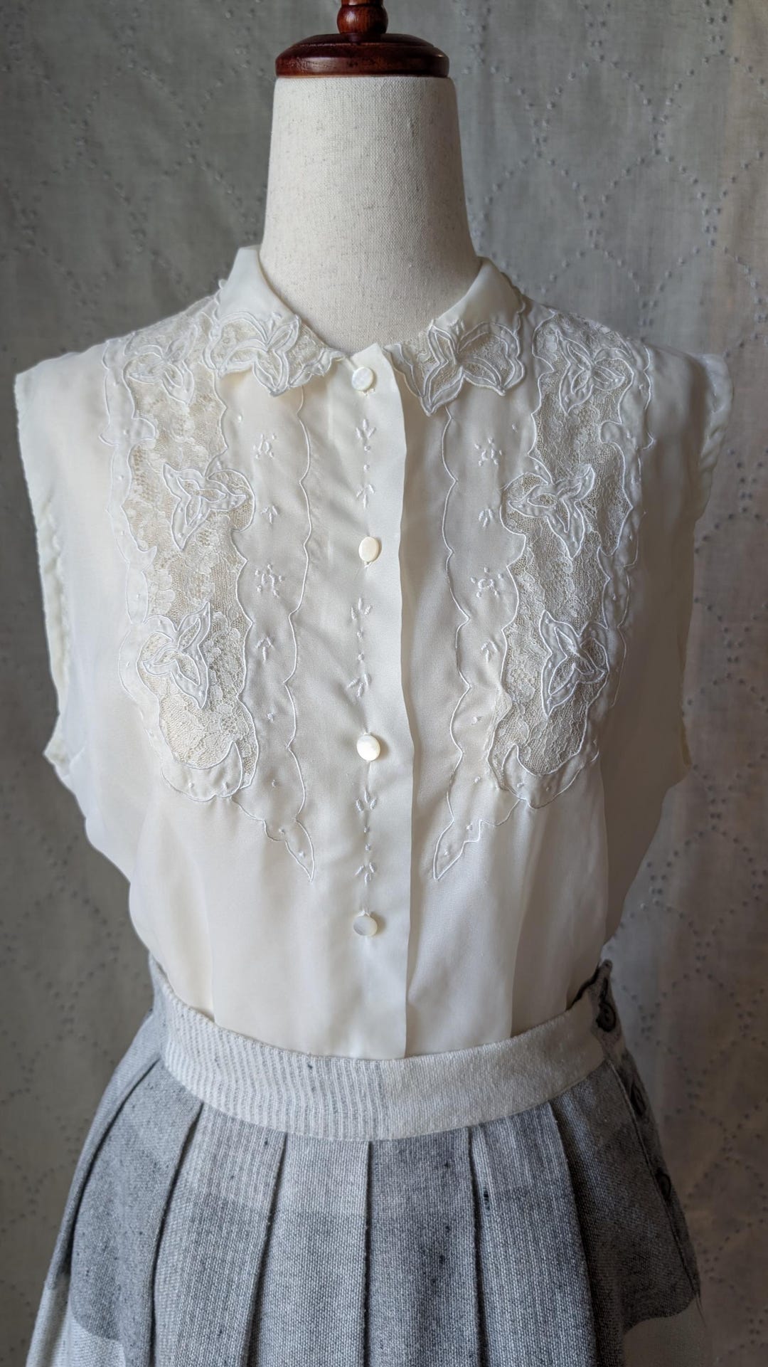 40s 50s Cream Sheer Lace Button up Blouse, Embroidered, Collared ...