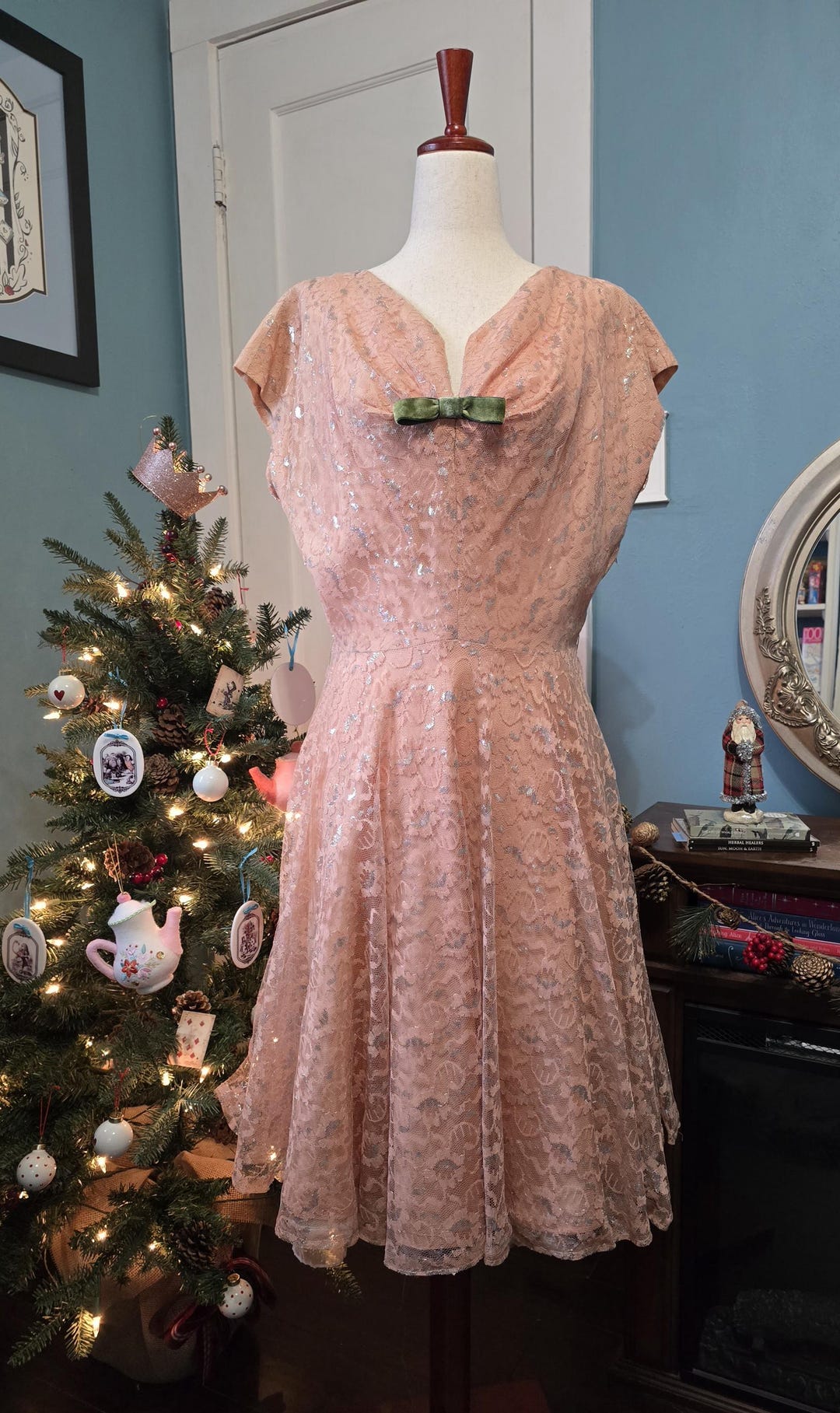 1940s 1950s Lace Pink Party Dress With Bow, Kitschy Christmas, Pink ...