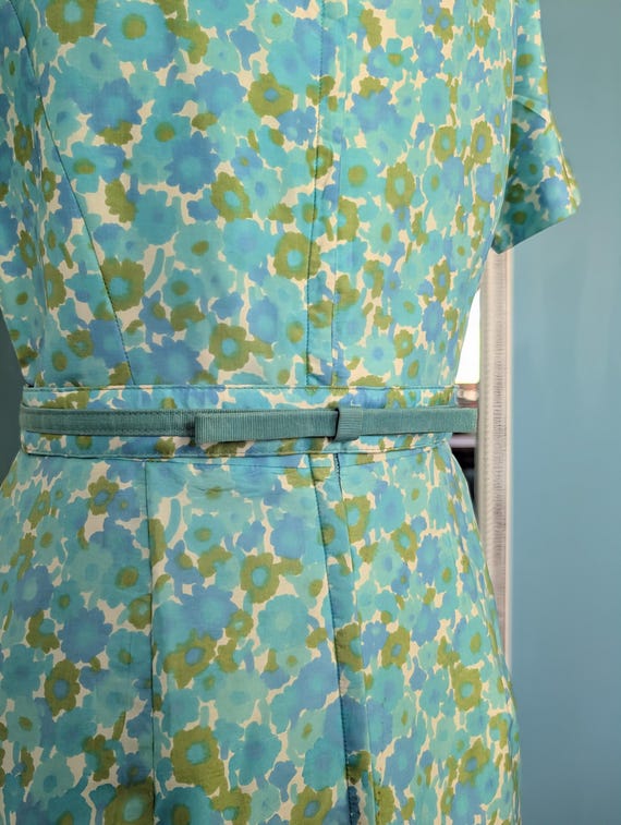 1950s 1960s Leslie Fay Blue and Green Floral dress, B… - Gem