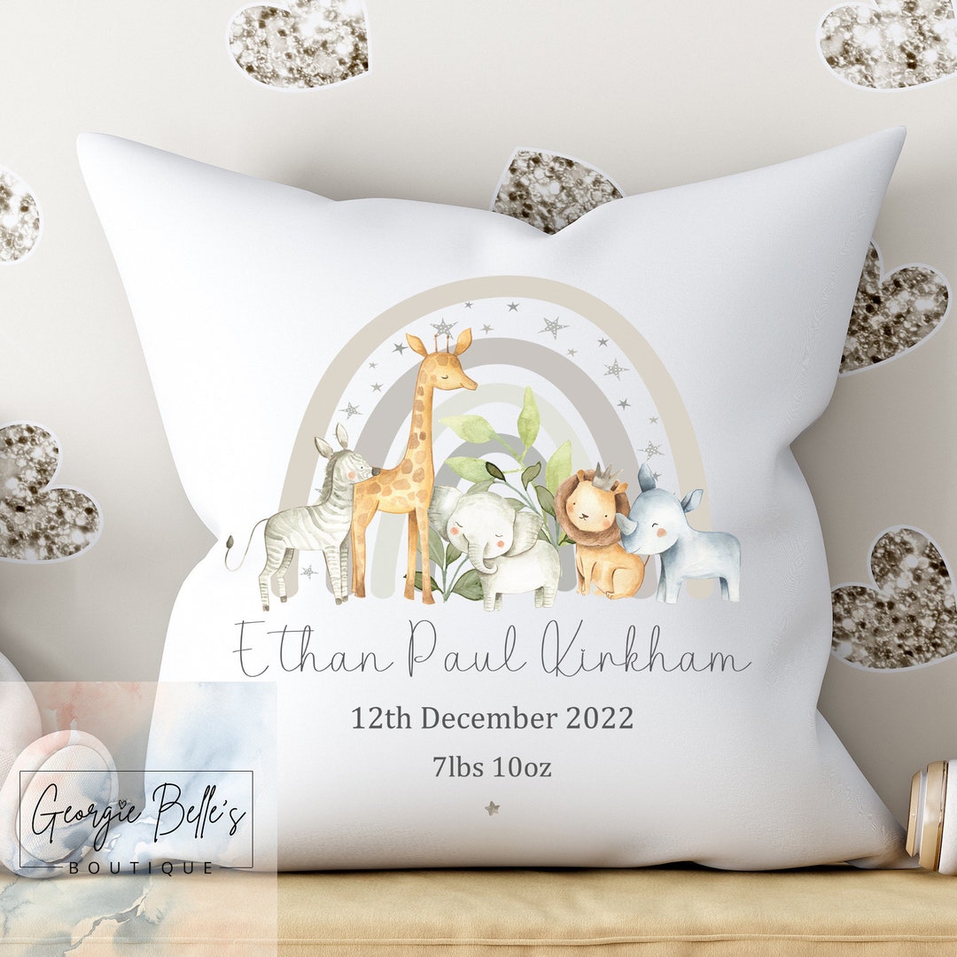 Personalised New Baby Cushion Safari Nursery Cushion Personalised Baby ...
