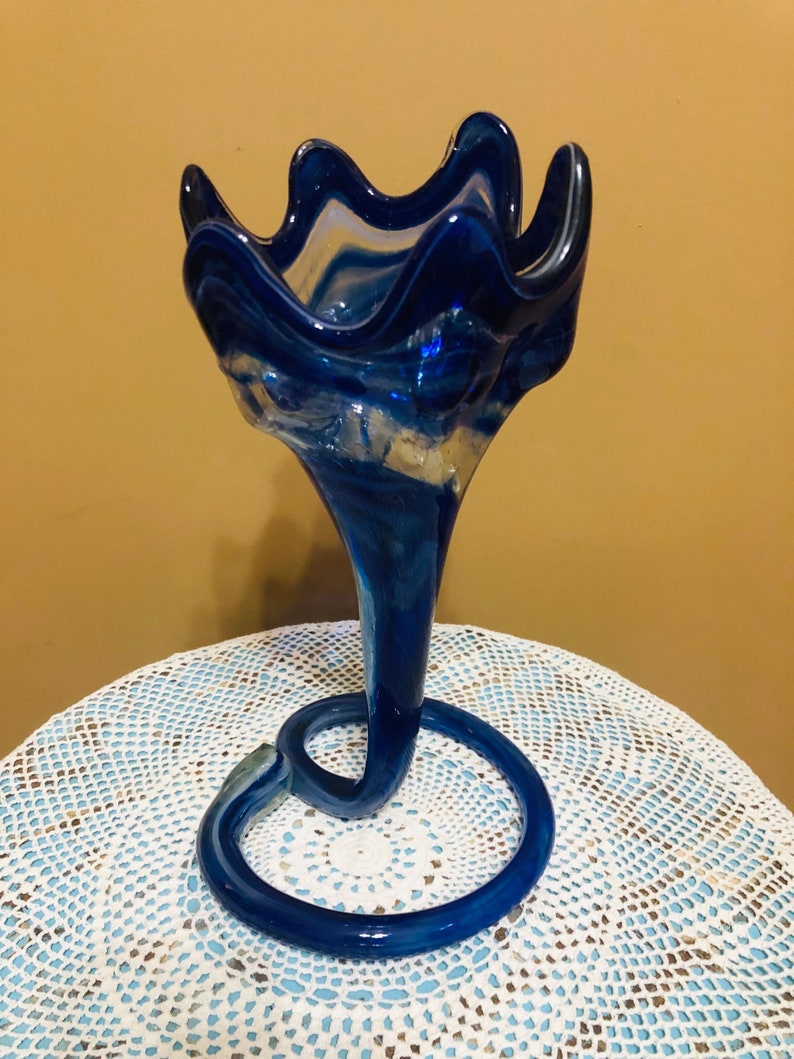 Vintage Large Blue Blown Glass Vase Coil Base 11 - Etsy
