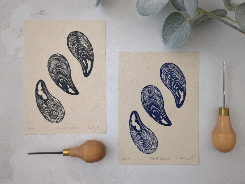 Mussel Shell Linocut Print, Seashell Print, Wall Decor, Limited Edition ...