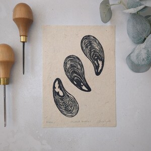 Mussel Shell Linocut Print, Seashell Print, Wall Decor, Limited Edition ...