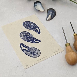 Mussel Shell Linocut Print, Seashell Print, Wall Decor, Limited Edition ...