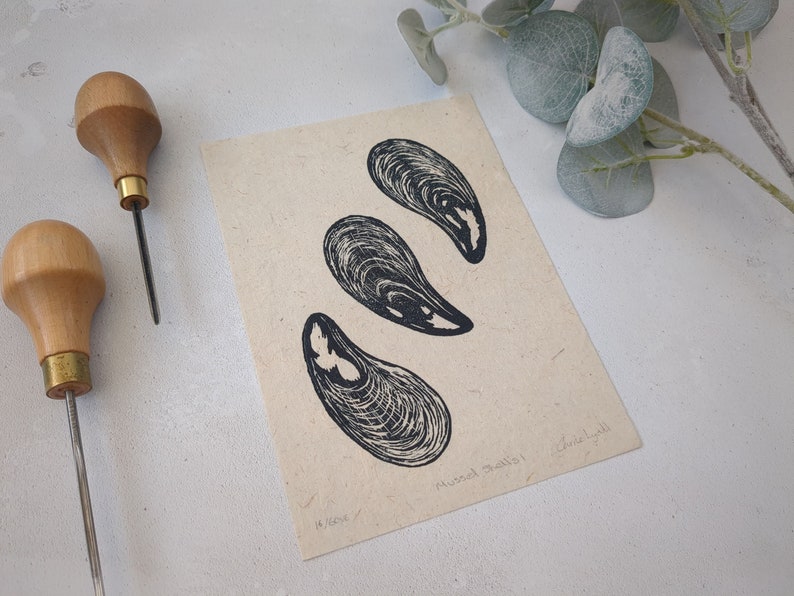 Mussel Shell Linocut Print, Seashell Print, Wall Decor, Limited Edition ...