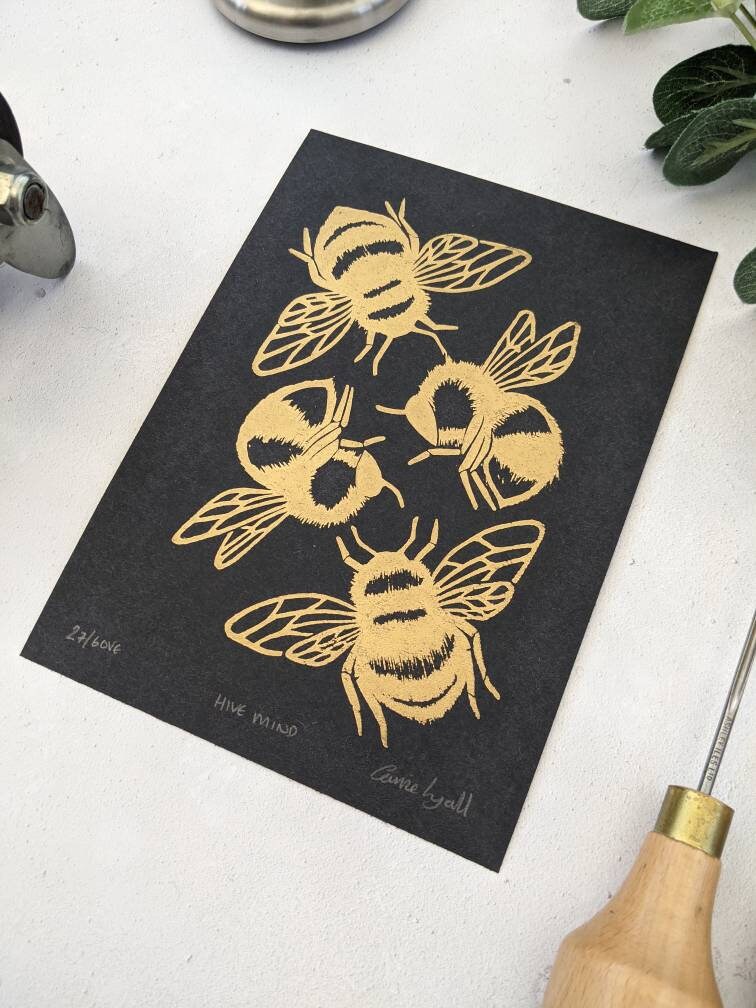 Gold Bee Linocut Print Bumblebee Print Gold and Black Bee - Etsy